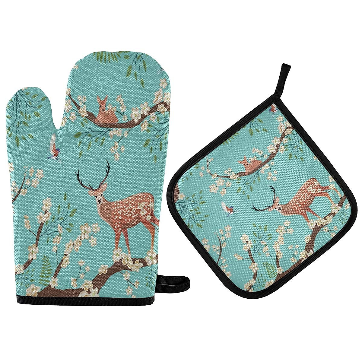 ZZXXB Deer Plum Floral Oven Mitts and Pot Holders Set of 2 Heat Resistant Non-Slip Kitchen Gloves for Cooking Baking Barbecue Grilling