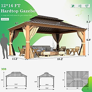 Erinnyees 12' x 16' Aluminum Wood Grain Hardtop Gazebo, Outdoor Aluminum Double Roof with Privacy Curtain and Mosquito Net for Patio, Lawn, Garden, Backyard(Wood Looking)