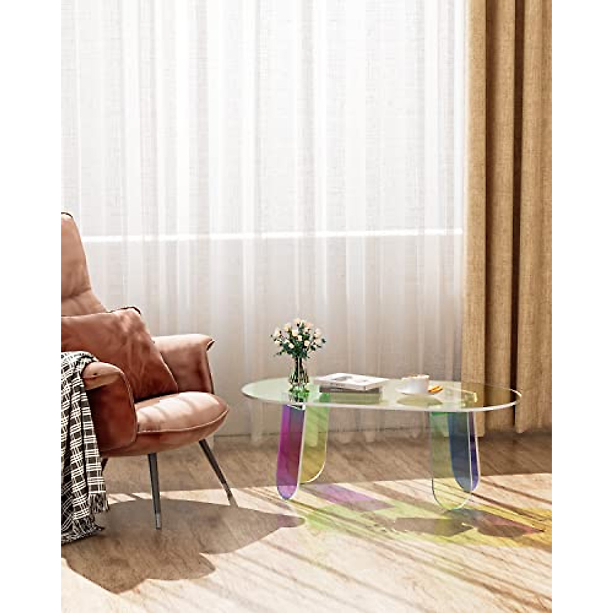 KSacry Acrylic Coffee Tables Modern Accent Night Stand Iridescent Table Coffee Table Side Table Round End Table Modern Chic Desk-Living for Office Home Decor (4 Legs Style, 37.4"L X 19.7"W X 13.8"H)