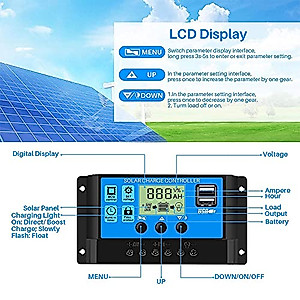 Jahy2Tech 100A Solar Charge Controller Solar Panel Battery Intelligent Regulator with Dual USB Port 12V/24V PWM Auto Paremeter Adjustable LCD Display(Blue) (1)