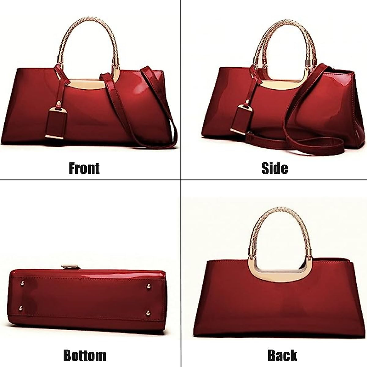 YAQUNICER Top-handle Handbags Purse Tote for Women Patent PU Satchel Gloss Wedding Shoulder Crossbody Bag-Wine