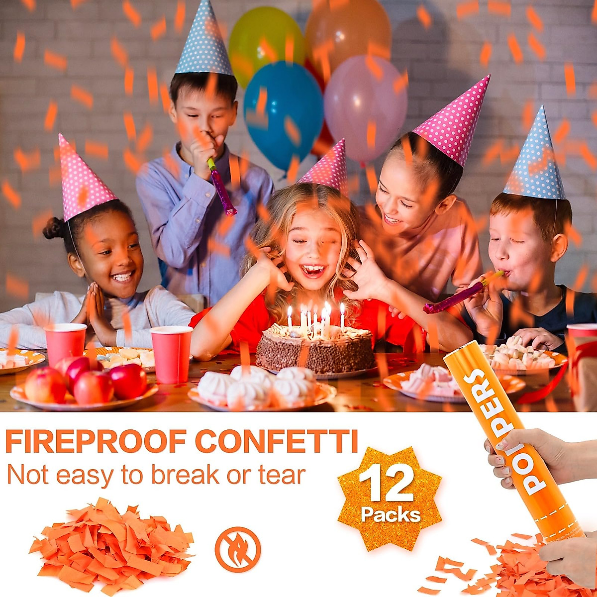 Confetti Cannons Orange 12Pack Party Popper Shooters 12 Inch Confftti Cannnons Launches 20-25ft Biodegradable Confftti Poppers forBirthday,Wedding,Graduation, New Years Eve Celebration