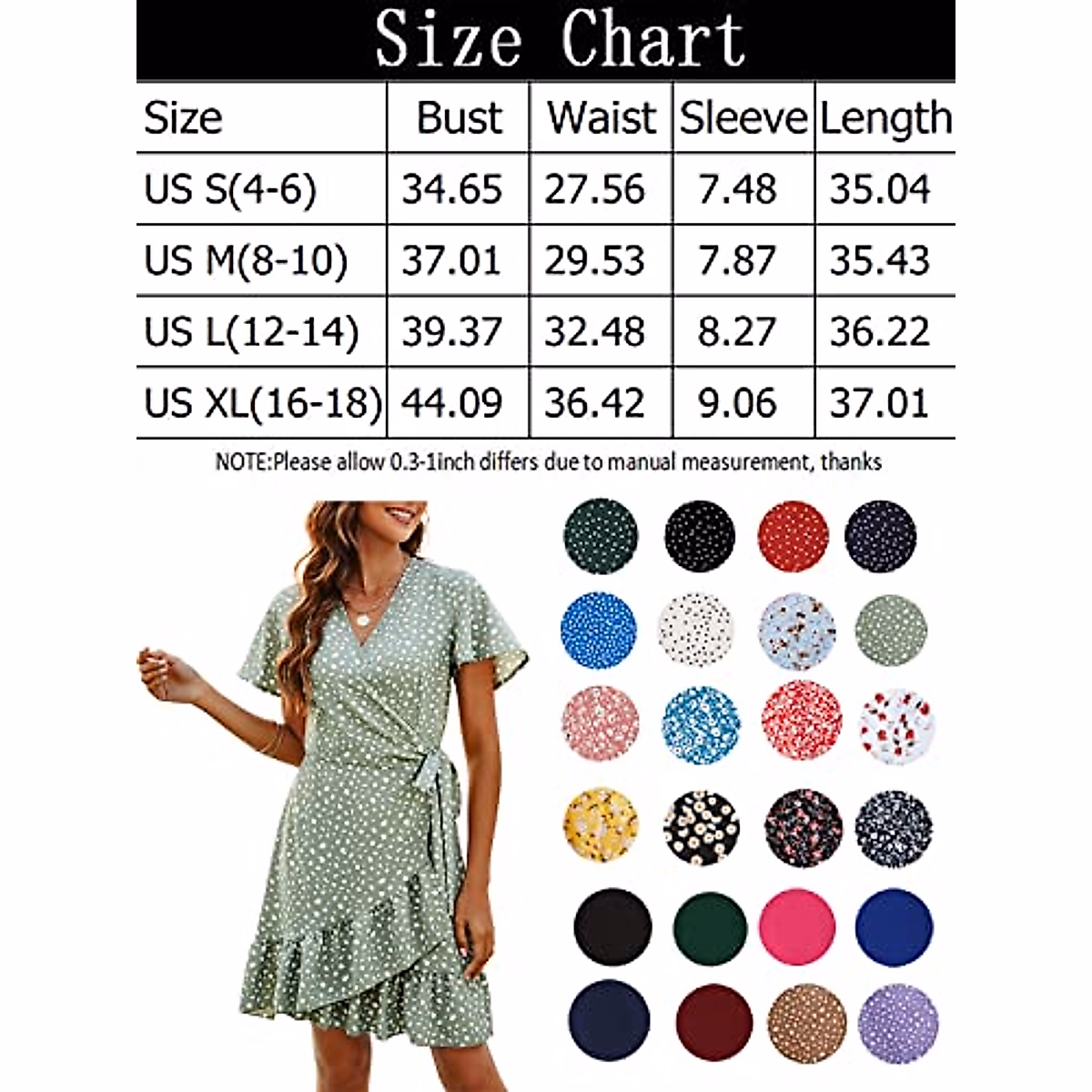 Naggoo Summer Dress for Women Short Wrap Dress Country Dress Sage Green S