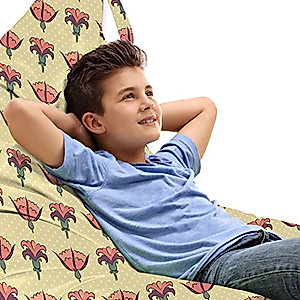 Lunarable Art Nouveau Lounger Chair Bag, Ornamental European Oval Flower Blooms on Polka Dotted Backdrop, High Capacity Storage with Handle Container, Lounger Size, Pale Yellow and Multicolor