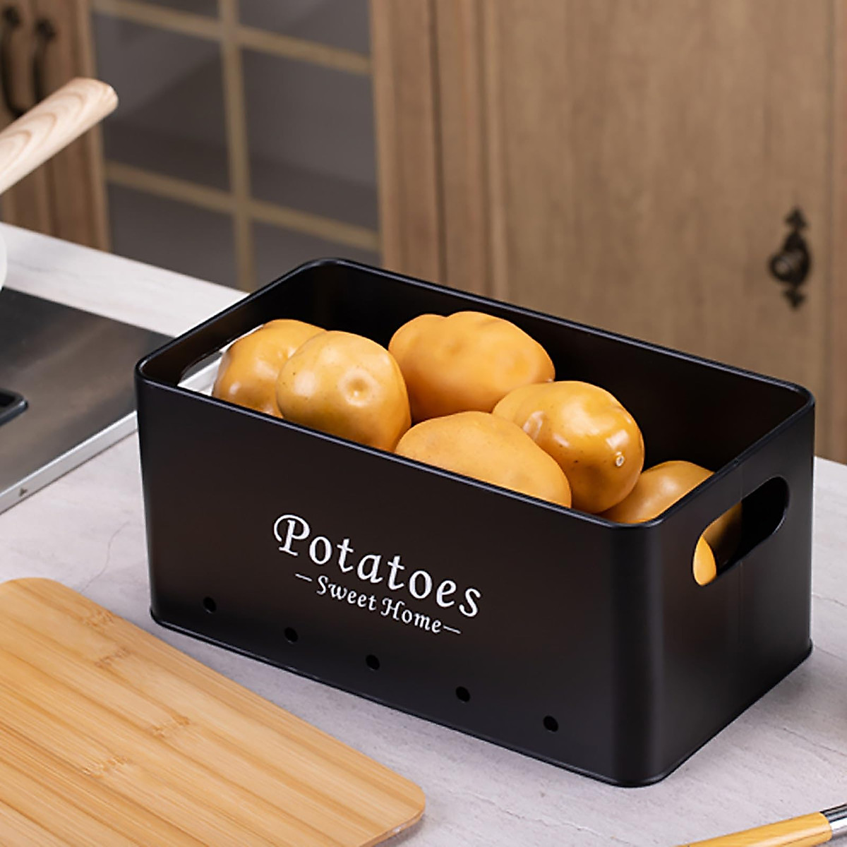 Simcat Kitchen Vegetable Storage Tins Set of 3, Potato Onion Garlic Kitchen Storage Canisters, Vegetable bin Keeper Containers with Aerating Holes and Wooden Lid (Black)