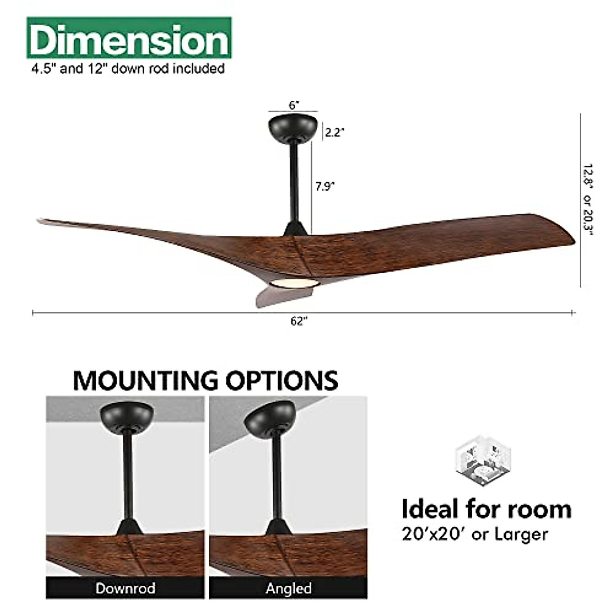 WINGBO Ceiling Fan, 62in DC, Walnut, Modern, Old Bronze, 3 Curved ABS Blades, Light Kit, Remote, Living Room, Kitchen, Bedroom, ETL Listed