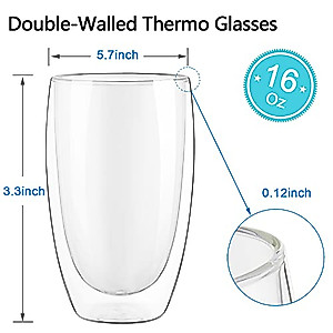 Bivvclaz Double Walled Glass Coffee Mugs, 2-Pack 15 Oz Borosilicate Glass Coffee Cups, Thermo Insulated Glass for Latte Cappuccino Americano Tea milk Beverage, Clear