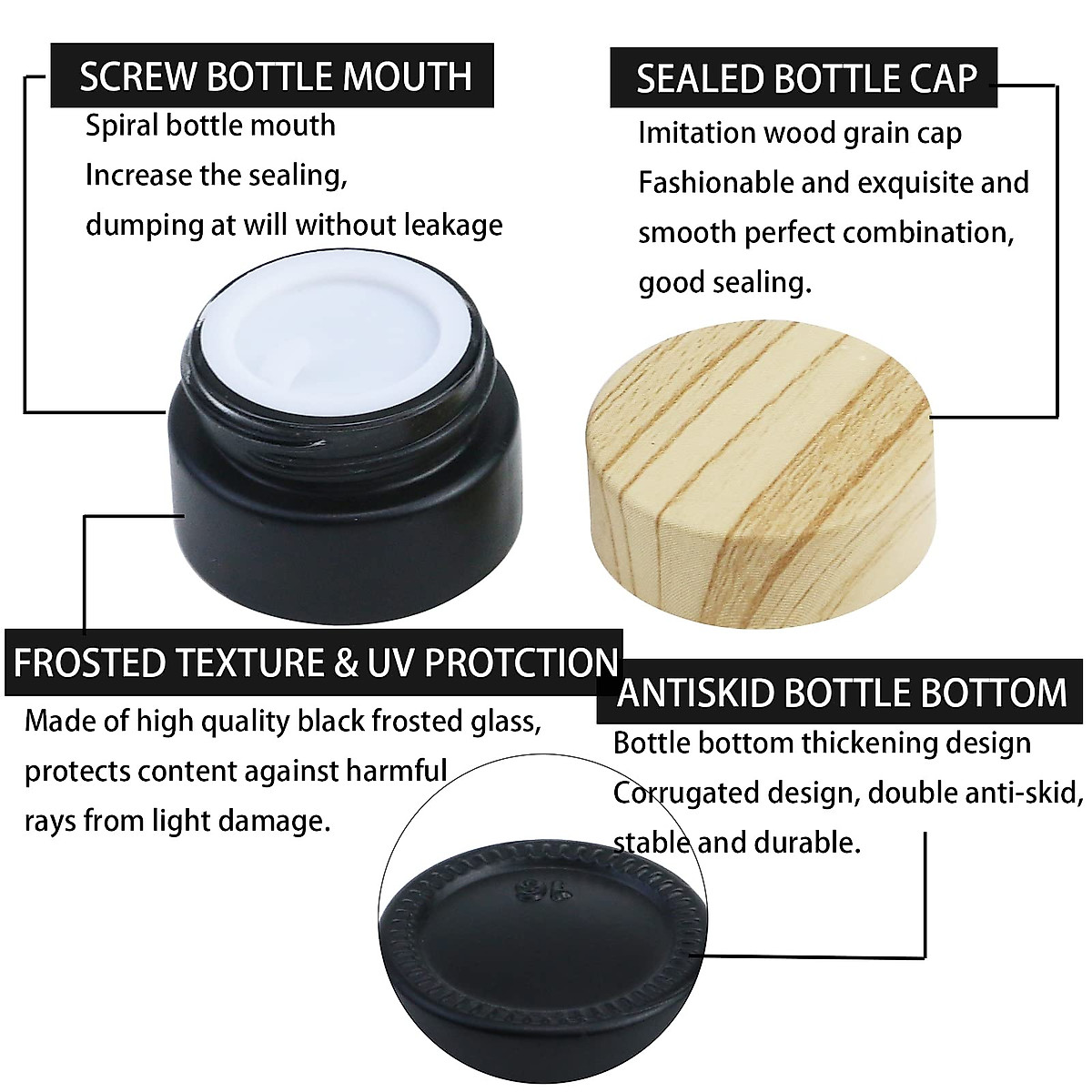 Tighall Small Empty Black Glass Cosmetic Containers with Lids Round Frosted Travel Jars with Inner Liners Sample Jars Refillable Cosmetic Container Bottles for Lotions Sample Eye Creams (3 PACK, 5g)