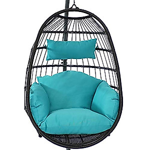 Sunnydaze Penelope Hanging Egg Chair with Seat Cushions and Stand - Black Hanging Wicker Chair with Turquoise Polyester Cushions and Powder-Coated Steel Stand - Collapsible Nylon Back Design - 78-Inch