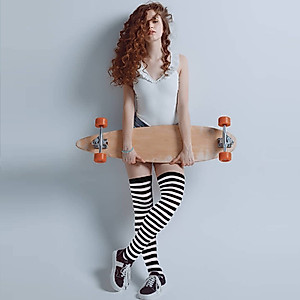 Barrlves 4 Sets Womens Striped Knee High Socks Long Knit Arm Warmers Fingerless Gloves for Halloween Costume (4sets Solid Black+White+DeepGrey+Grey)