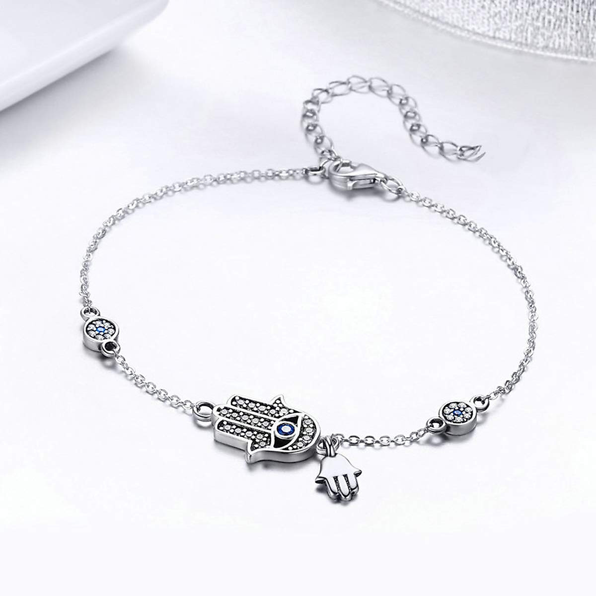 SLUYNZ 925 Sterling Silver Fatima Hamsa Hand Evil Eye Bracelet for Women Blue Round Eyes Bracelet