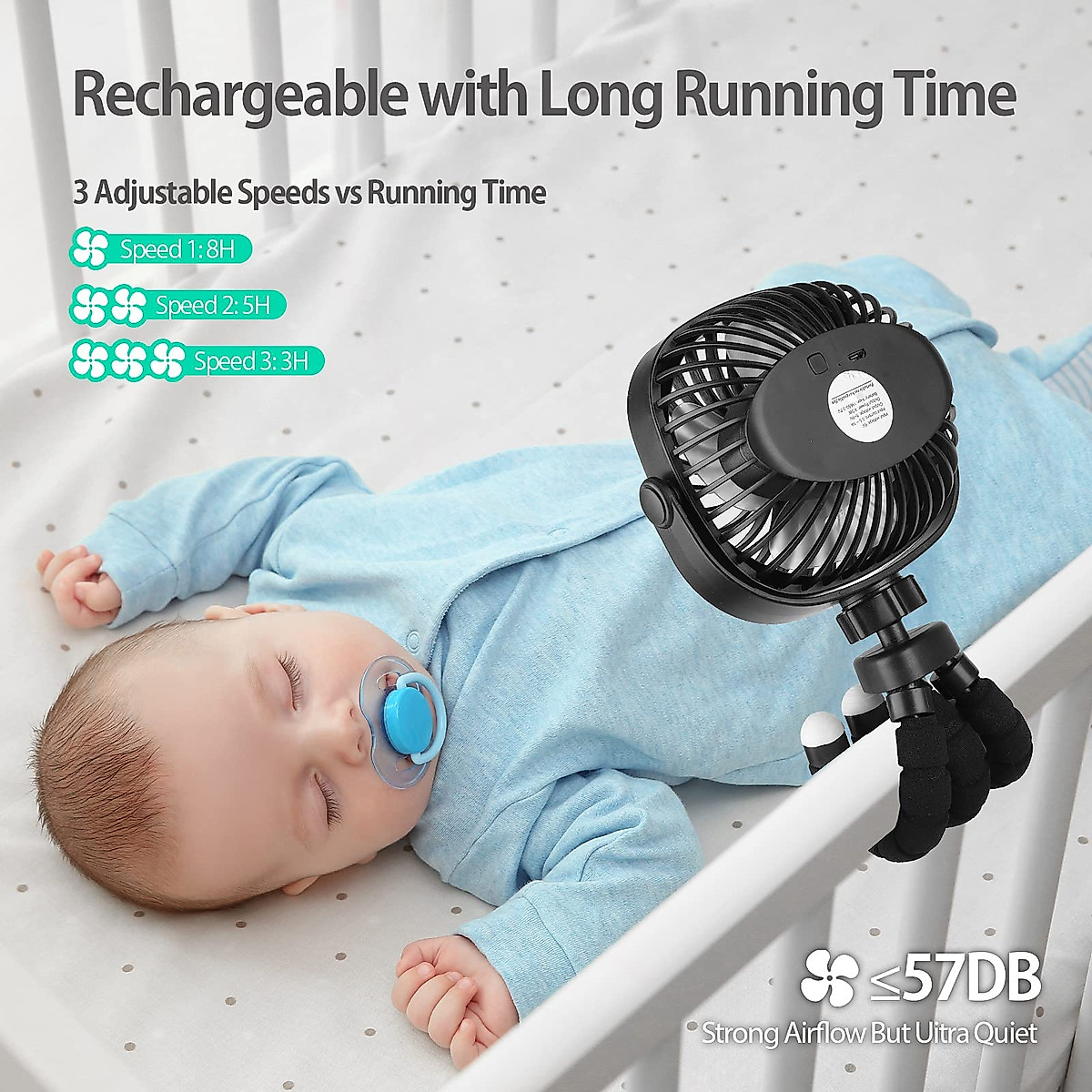Foonsen Rechargeable USB Stroller Fan, Portable Car Fan, Car Seat Fan, Desk Fan, Flexible Tripod Clip on Bed, Bike, and Crib, Battery Powered, Jet Black