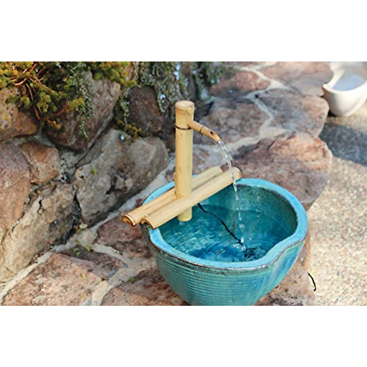 Bamboo Accents Water Fountain with Pump for Patio, Indoor/Outdoor, Adjustable 12-Inch Half-Round Flat Base, Split-Resistant Bamboo