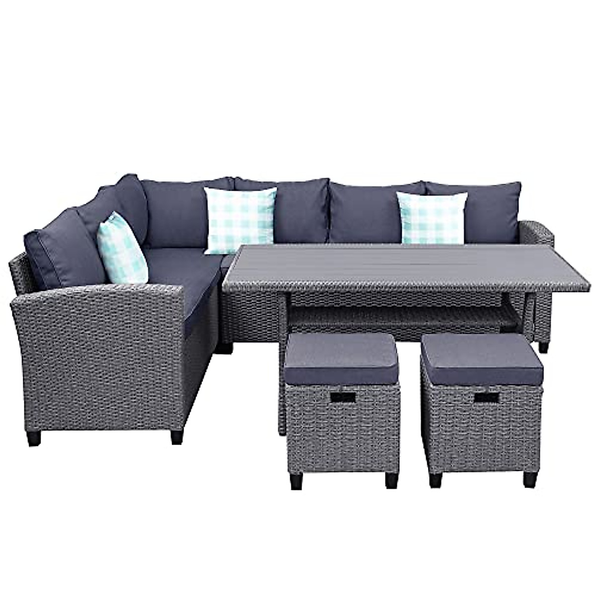 FZZDP 5 Pcs Outdoor Conversation Set Patio Furniture Set All Weather Wicker Sectional Couch Sofa Dining Table Chair w/Ottoman&Pillow (Color : D)