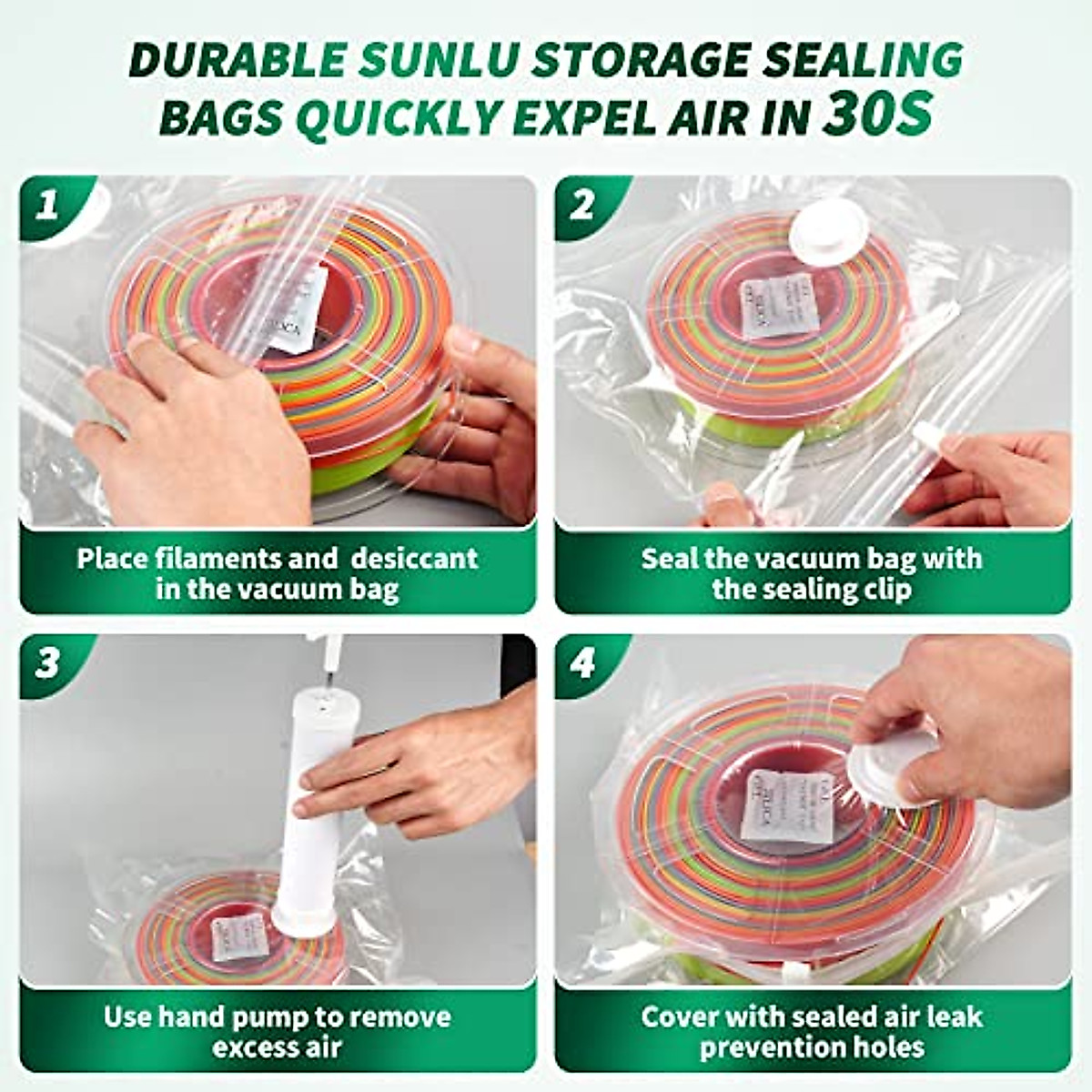 3D Printer Filament Vacuum Storage Kits and 3D Printer Silk Filament 1KG Silver, Remove Moisture from Damp Filaments, Spool Storage Sealing Bags Kits, 32 * 34CM(12.59 * 13.38inch)