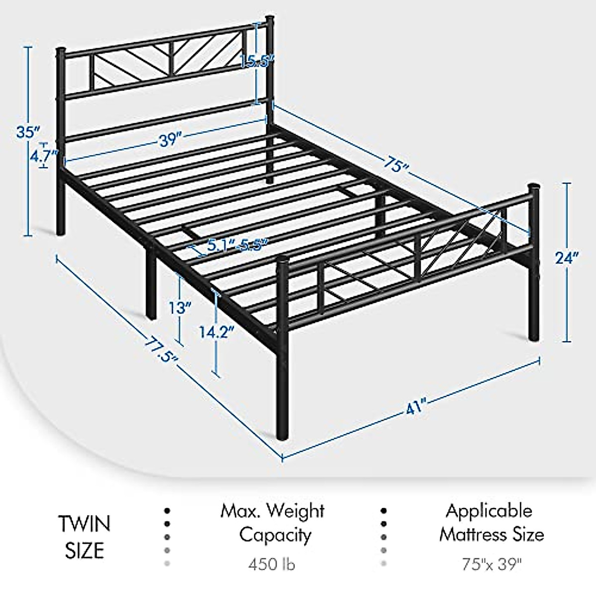 Yaheetech Twin Size Platform Bed Frame with Arrow Design Headboard, 13 Inches Metal Mattress Foundation for Storage, No Box Spring Needed, Easy Assembly, Modern, Black