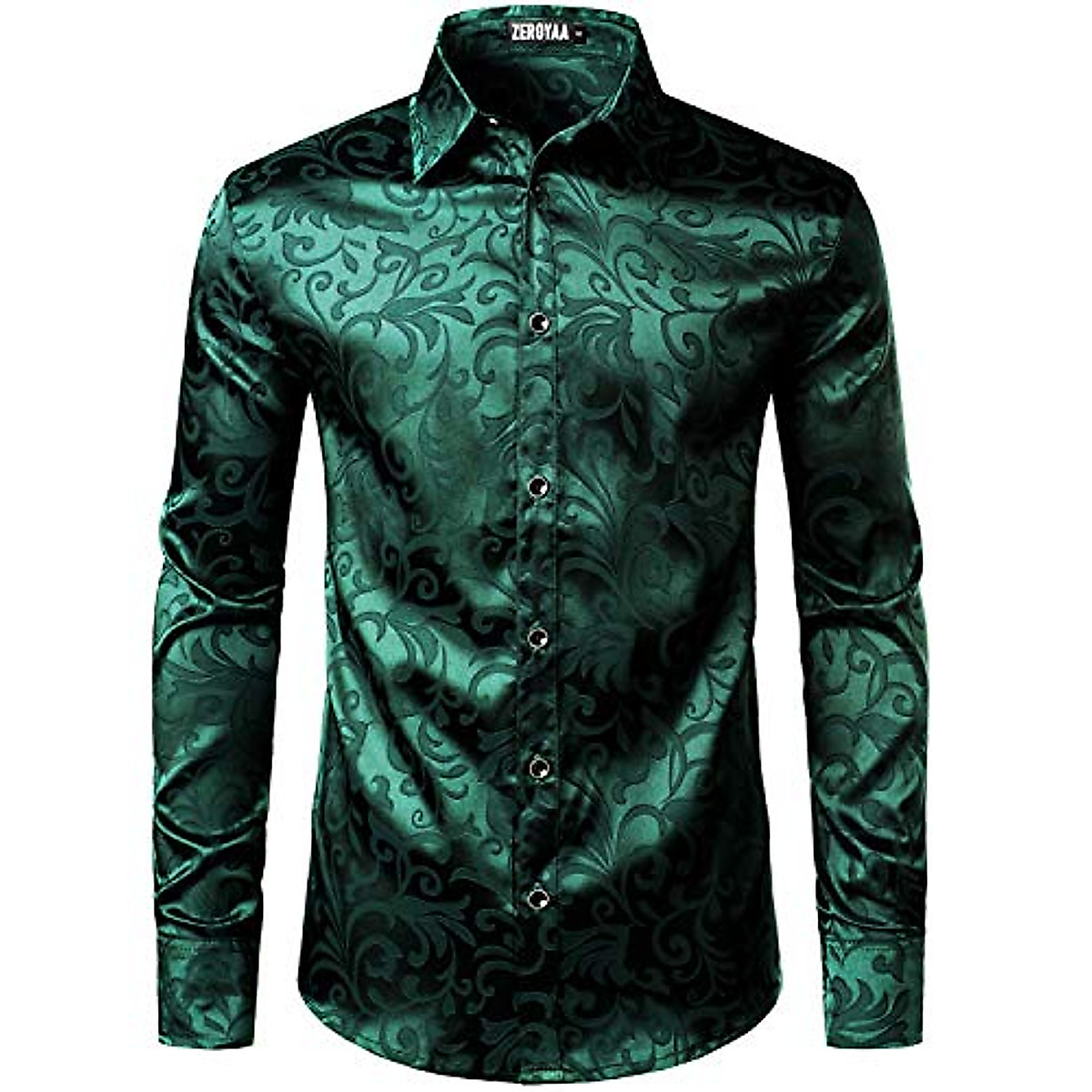ZEROYAA Men's Luxury Jacquard Long Sleeve Dress Shirt Shiny Satin Slik Like Wedding Party Prom Shirts ZLCL27-Emerald Large