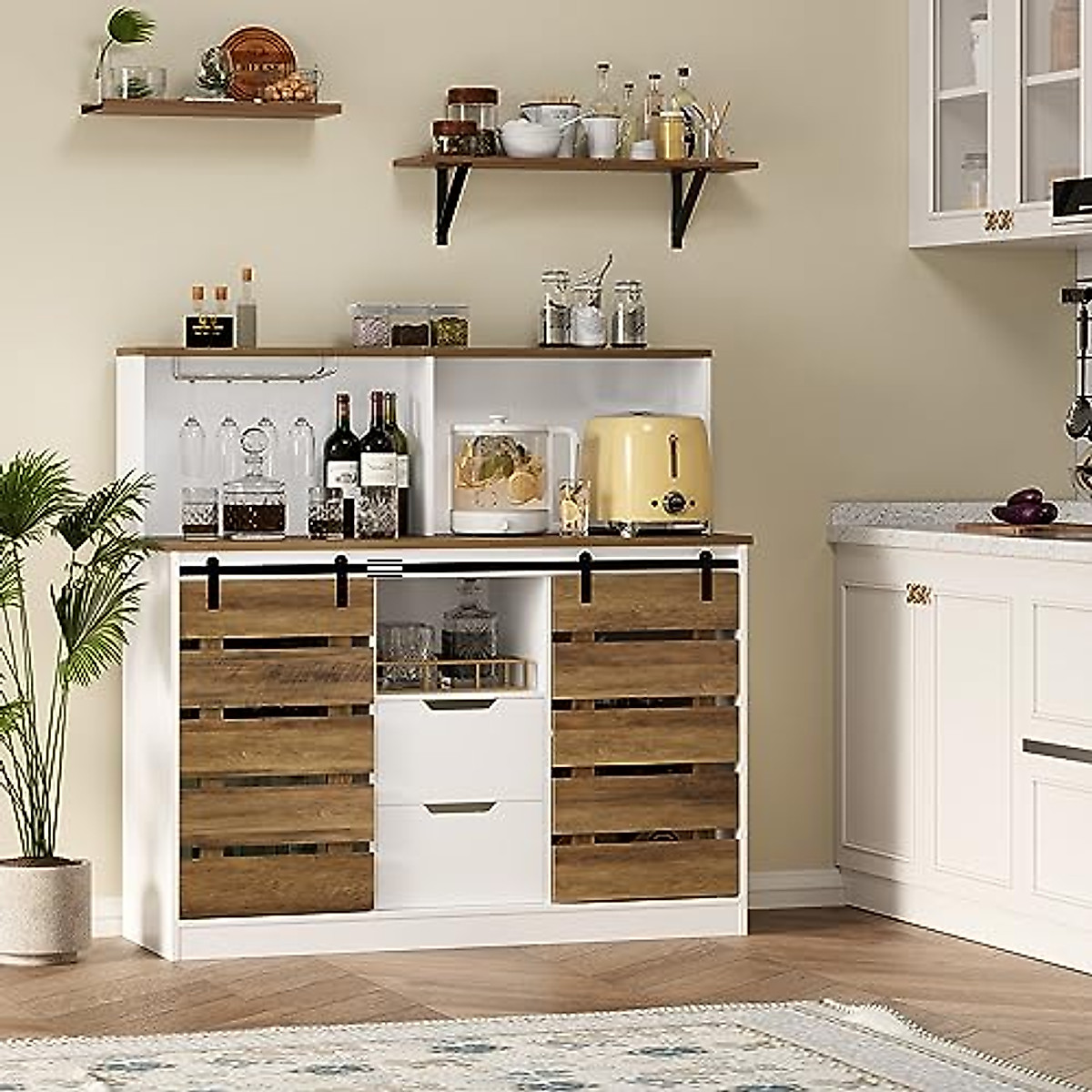 HOSTACK Farmhouse Coffee Bar Cabinet, 47" Sideboard Buffet Cabinet with Storage, Barn Doors Wine Bar Cabinet, Kitchen Buffet Table with Drawers|Adjustable Shelves for Dining Room, Kitchen, White