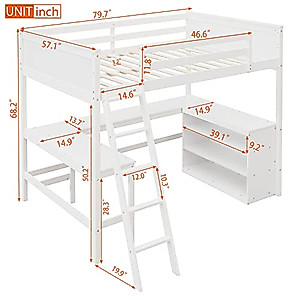 GYYBED Full Size Wooden Loft Bed with 3 Storage Shelves and Built-in L-Shape Desk for Kids Teens Adults Full Size loft Bed with Desk Full Size loft Bed loft Bed with Desk(White + Wood)