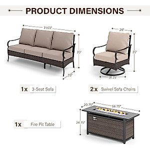 GREEN PARTY Extra Large Outdoor Patio Furniture Set with 56" Fire Pit Table 4 Pieces for 5, Modern Metal Patio Conversation Sets with High Back 3-Seat Sofa, 2 Swivel Chairs, 1 Fire Pit Table