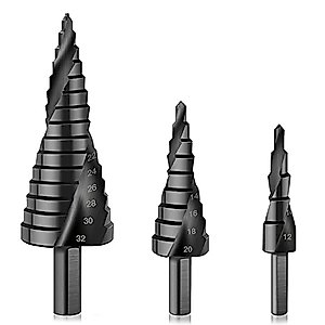 3PCS HSS Step Cone Drill Bit Set High Speed Steel Titanium Coated Hole Cutter Toll Set with Hex Shank Metric for Plastic Wood Metal Aluminum Copper (4-12mm, 4-20mm and 4-32 mm)