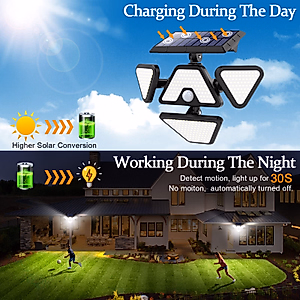 Luposwiten Solar Outdoor Lights, 4 Heads Motion Sensor Outdoor Lights IP65 Waterproof Solar Flood Lights Outdoor 302 LED Outdoor Solar Lights for Yard, Garage, Garden, Patio, Front Door (2 Packs)