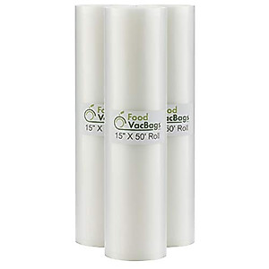 Three FoodVacBags 15"x50' Rolls Embossed Vacuum Sealer Storage Bags
