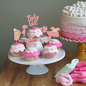 24Pcs Baby Shower Oh Baby Cupcake Toppers Rose Gold Glitter Bow Dress Footprint Swan Baby Girl Cake Picks Decorations for Baby Shower Gender Reveal Girls Birthday Party Supplies