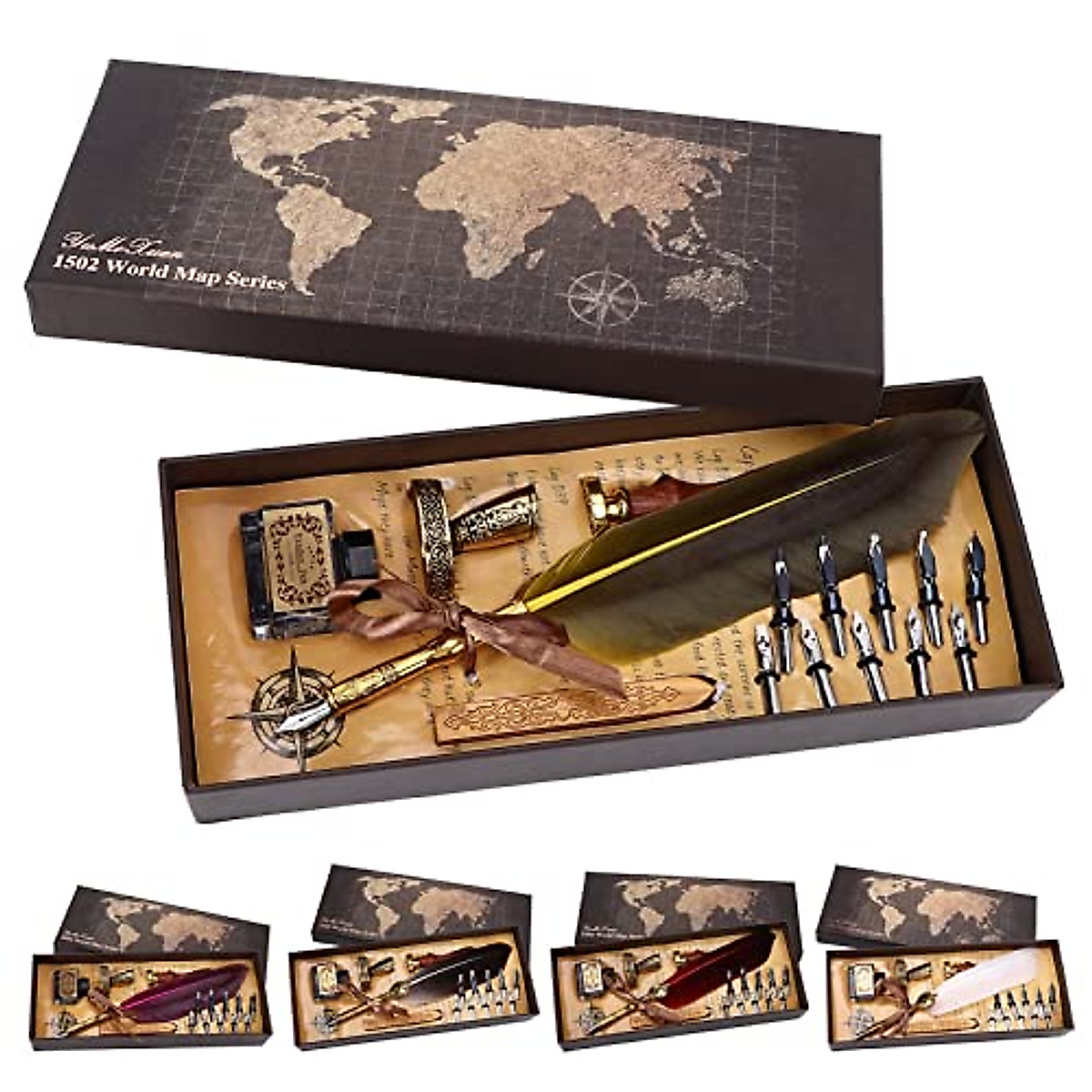 Feather Pen Set Calligraphy Pen and Ink Set Antique Quill Pen Refillable Ink Dip Pens Retro Carving Feather Signature Pen(Brown)