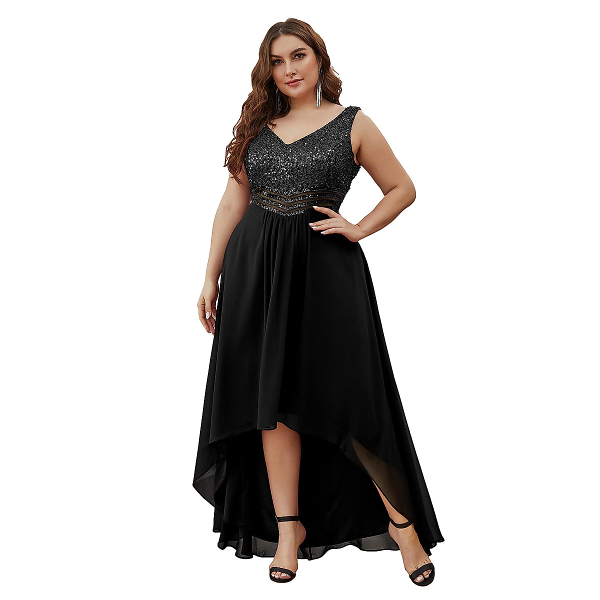 Ever-Pretty Plus Womens Plus Size Sequin V Neck Empire Waist High Low Bridesmaid Dresses Black US20
