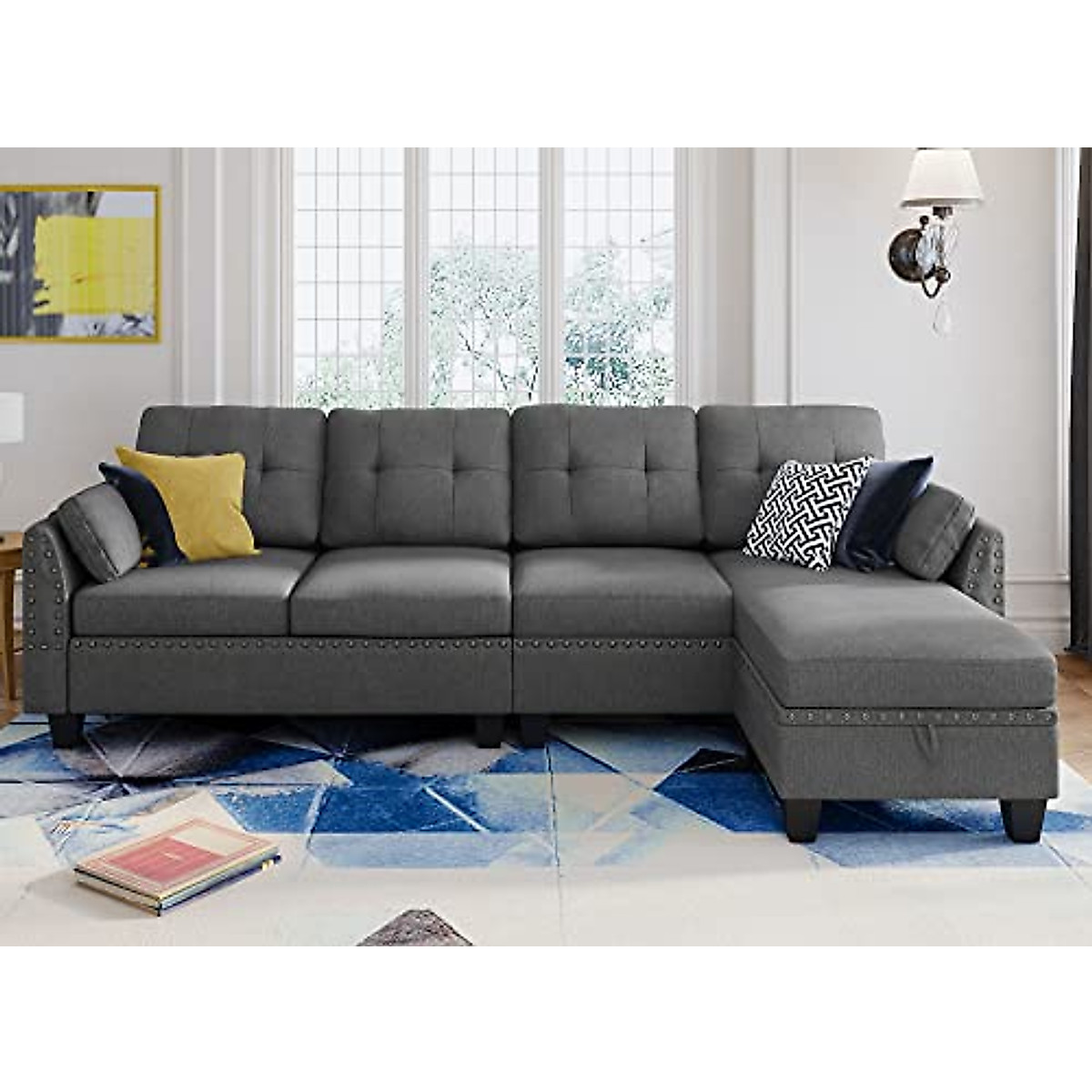 HONBAY Reversible Sectional Sofa L-Shape Sofa Convertible Couch 4-Seater Sofas Sectional for Apartment Dark Grey