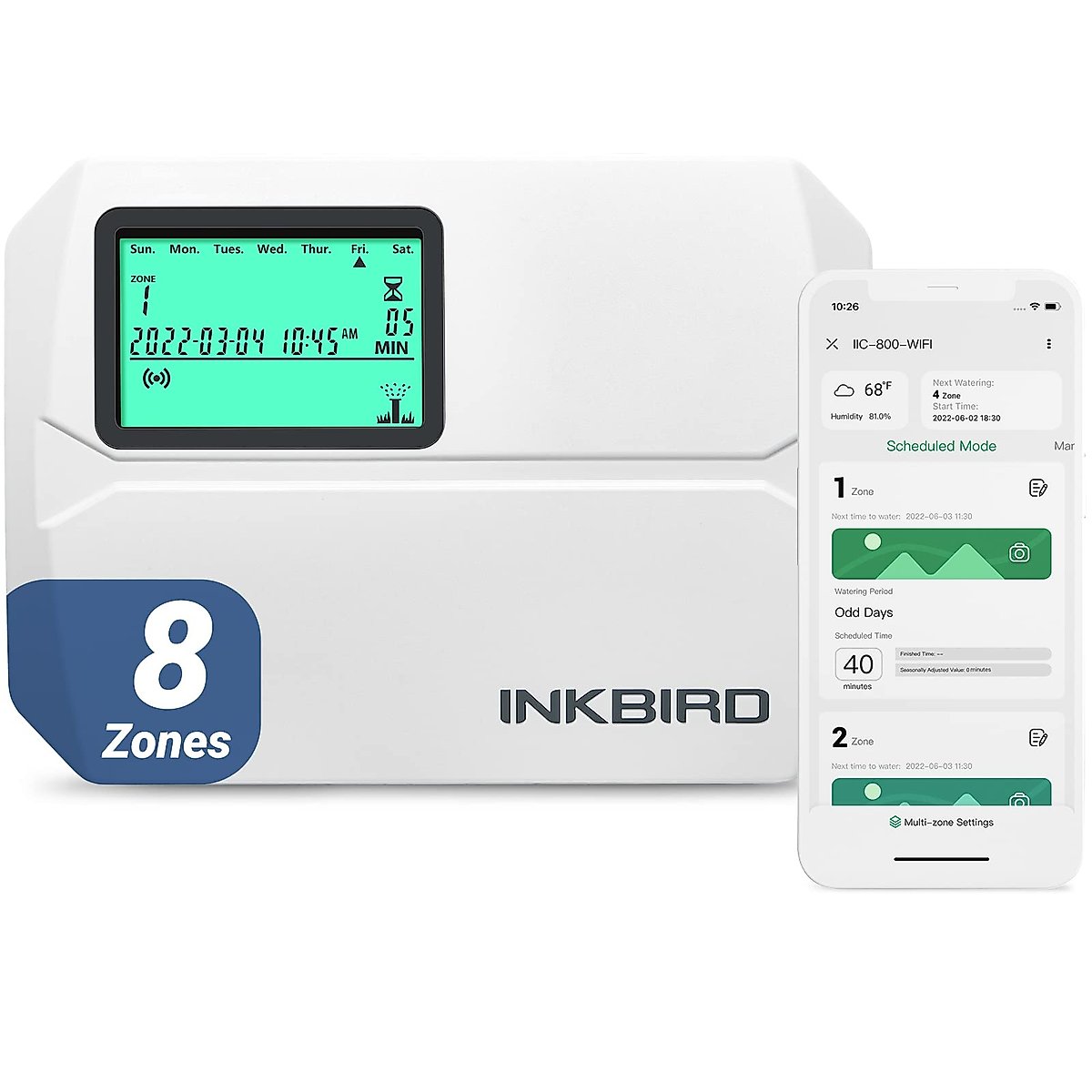 Inkbird Smart Sprinkler Controller WiFi 8 Zone, Indoor Irrigation System Controller, 8 Station, Remote Monitoring, Seasonal Adjustment