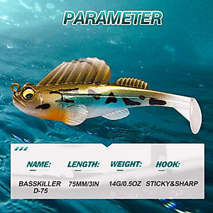 Basskiller 5pcs Fishing Lures Saltwater, Bass Fishing Lures, Fin Guarded Hook Bluegill Swimbait, Enticing Action Soft Plastic Swimbaits for Muskie Walleye, Fishing Bait Freshwater with Soft Tail