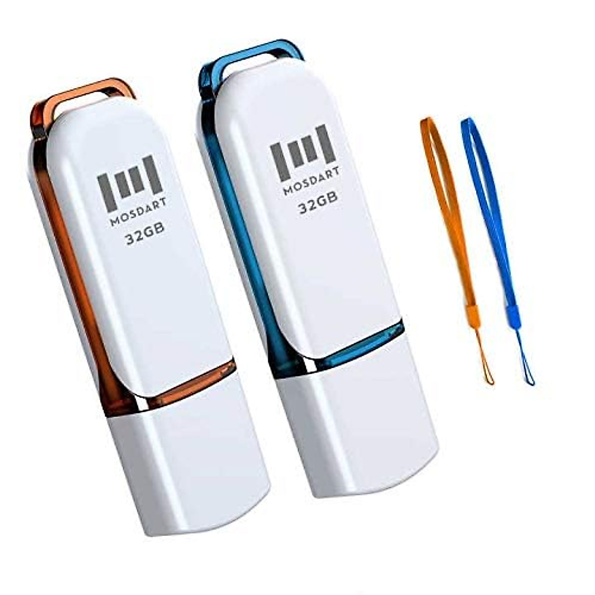 MOSDART 32GB USB2.0 Flash Drive, with LED Light and Lanyards, FAT32 Memory Stick for Computers, System Backup, Data Storage, Orange and Blue(Pack of 2)