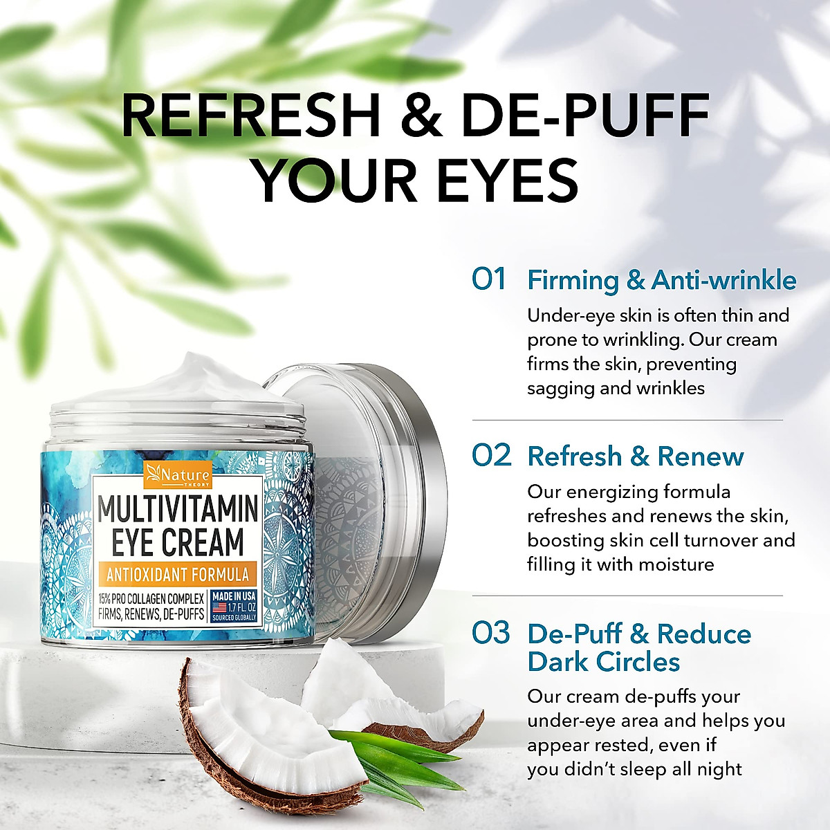 Eye Cream for Dark Circles and Puffiness - Retinol Eye Cream with Collagen & Hyalurnic Acid - Made in USA - Under Eye Cream Anti Aging - Eye Bags Treatment for Women - Under Eye Cream for Dark Circles