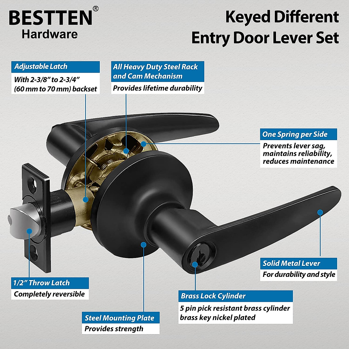 BESTTEN Roma Series Keyed Entry Door Lever with Removable Latch Plate,All Metal Door Handle with Lock and Key, Matte Black