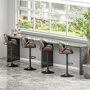 ONME Bar Stools Set of 2, Adjustable Height Swivel Bar Stools, PU Leather Upholstered Bar Chair with Back and Footrest for Bar, Kitchen, Dining Room, Dark Black