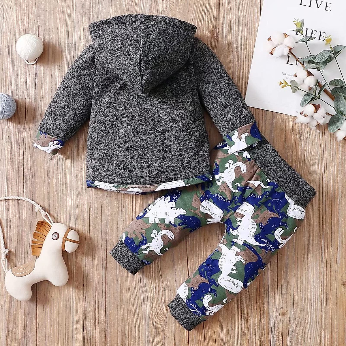 FOCICI Toddler Baby Boy Clothes Infant Spring Winter Outfits Pocket Hoodie Sweatshirt Dinosaur Pants Grey Blue 18-24 Months