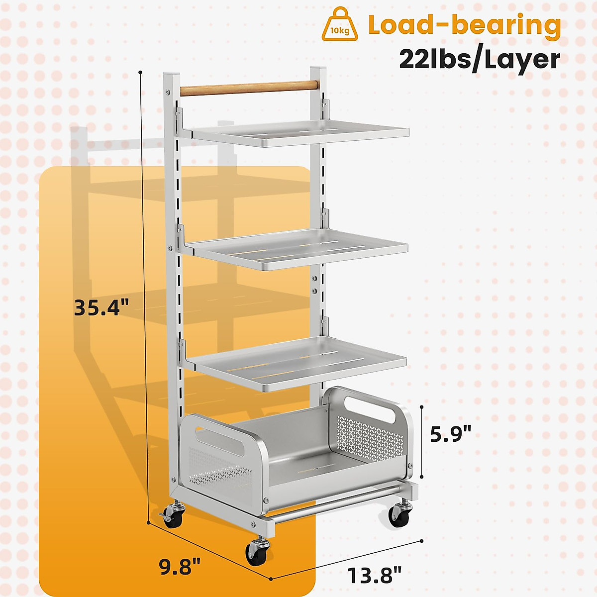 Aratan 4 Tier Rolling Cart, Metal Utility Cart on Wheels, Detachable Small Kitchen Cart Storage Organizer Cart with Wooden Handle for Home, Office and Classroom