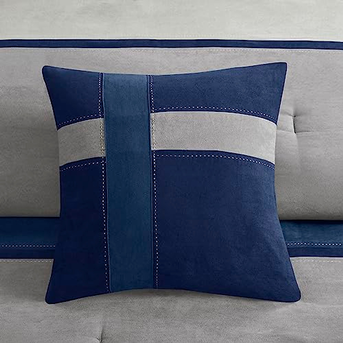 Madison Park Palisades Comforter Set Modern Faux Suede Pieced Stripe Design, All Season Down Alternative Cozy Bedding with Matching Shams, Decorative Pillows, Cal King(104"x92"), Blue 7 Piece