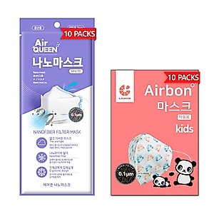 [20 Masks] Air Queen 3-Layer Nano Filter for Adults (10) & Air Bon Panda Nano Filter for Kids (10) [Individual Package] [Made in Korea]