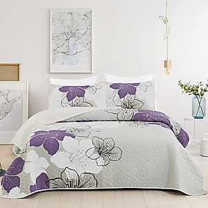 DJY 3 Pieces Quilt Set King Purple Lily Pattern Quilt Coverlet Set Boho Floral Bedspread with 2 Pillow Shams Lightweight Microfiber Elegant Bedding Quilt Set All Season (Purple, 104"x90")