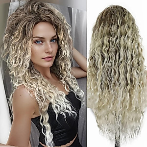 GNIMEGIL Long Curly Blonde Wigs for White Women Ash Blonde Ombre Wig Natural Fluffy Hair Thick Hairline Synthetic Wigs 26inches Long Wig Wavy