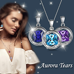 Aurora Tears March Birthstone Pendant Necklace Women 925 Sterling Silver Round Birthstones Created Aquamarine Blue Crystal Mar. Birth Stone Jewelry Birthday Gift DP0029M