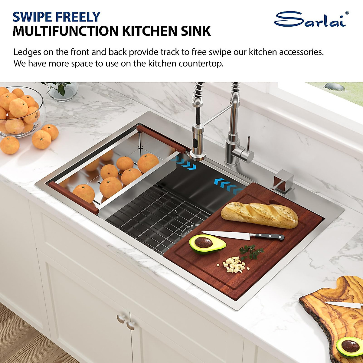 Sarlai Drop In Kitchen Sink - 33x22 Drop In Kitchen Sink Ledge Workstation 16 Gauge Stainless Steel Topmount Deep Single Bowl Over Counter Kitchen Sinks Basin Round Corners
