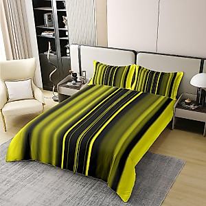 Feelyou Yellow Balck Duvet Cover 100% Cotton Abstract Art Bedding Set for Kids Boys Girls Room Decor Stripes Ombre Comforter Cover Set Queen Size Modern Striped Art Bedspread Cover 3Pcs Zipper