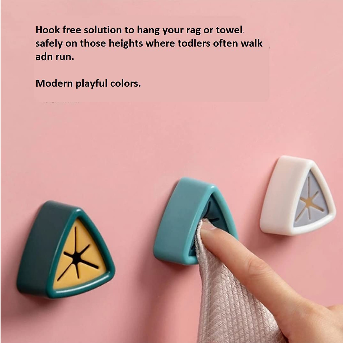 Cavehorizon 4 Pack Easy to Install Dish and Hand Towel Hooks - Incl. pre Cut self Adhesive Pads. Modern Colored Kitchen and Bathroom Push Hooks