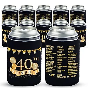 40th Birthday Can Cooler Sleeves Pack of 12-1983 Sign - 40th Birthday Party Supplies - 40th Anniversary Decorations - Black and Gold Fortieth Birthday Cup Coolers