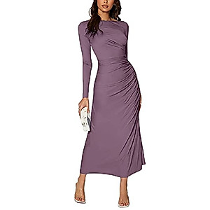 Floerns Women's Solid Boat Neck Long Sleeve Ruched Side Party A Line Long Dress Mauve Purple S
