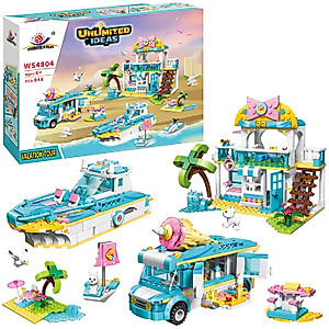 Friends Vacation Tour Building Kit Featuring Beach House, City Ice-Cream Truck, Yacht and Animal Toys, Creative Building Blocks Roleplay Christmas Birthday Gifts for Kids Girls Aged 6-12 (948 Pieces)